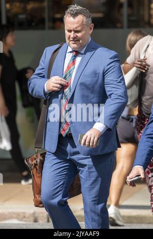 Lawyer Adam Magill is seen arriving at the Brisbane Magistrates Court ...