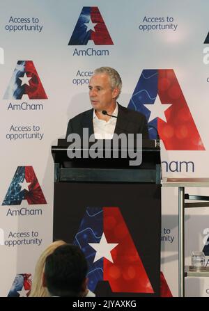 Telstra CEO Andy Penn addresses the AmCham lunch at the RACV Club in ...