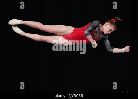 Emma Spence of Canada performs on the vault during the 2020 World Cup ...