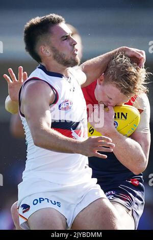 Lachlan Murphy of the Adelaide Crows tackles Lachlan Bramble of ...