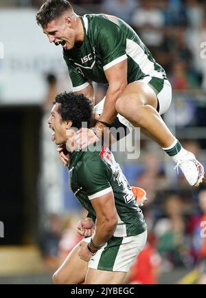 Jordan Riki jumps on Corey Harawira-Naera of the Maori Kiwis after the ...