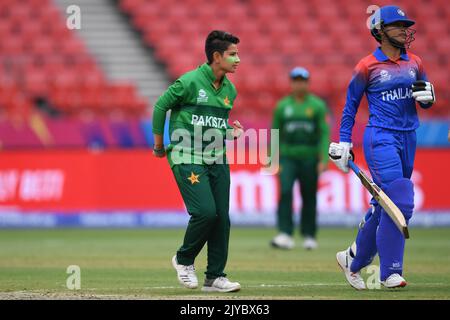 Anam Amin of Pakistan celebrates after taking the wicket of Nattaya ...