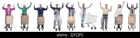 group of people with cart raised their hands up Stock Photo - Alamy