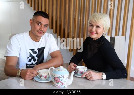 Australian boxer Tim Tszyu and his mother Natasha pose for photographs ...