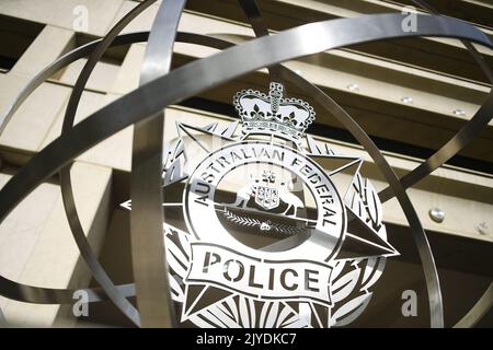 General view of the AFP emblem outside the AFP Headquarters in Canberra ...