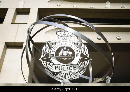 General view of the AFP emblem outside the AFP Headquarters in Canberra ...