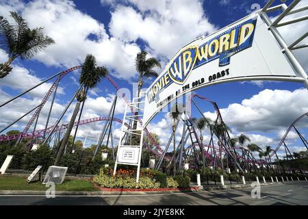 General view of the entrance to Warner Brothers Movie World theme park ...