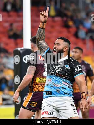 Siosifa Talakai of the Sharks celebrates scoring a try during the Round ...