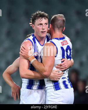 Nick Larkey of North Melbourne reacts after kicking a goal during the ...