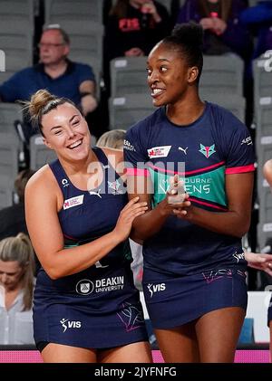 Kadie-Ann Dehaney (left) of the Vixens looks on during the warm up ...