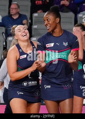 Kadie-Ann Dehaney (left) of the Vixens looks on during the warm up ...