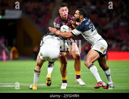 Jordan Riki (centre) of the Broncos in action during the Round 20 NRL ...