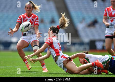 Sam Brenner of the Dragons off loads the ball during the NRLW match ...