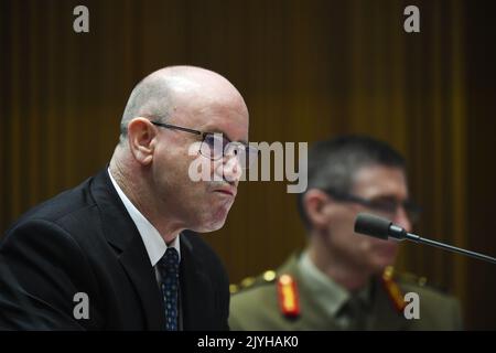 Defence Secretary Greg Moriarty speaks during a Senate inquiry at ...