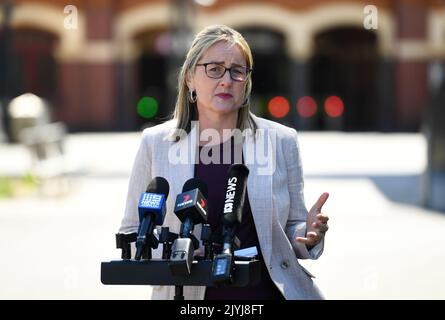 Acting Victorian Premier Jacinta Allan arrives to a press conference in ...