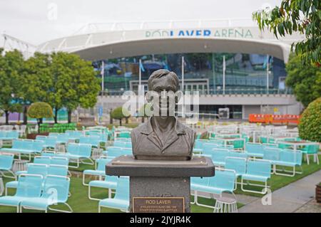 A statue of Rod Laver is seen outside of Rod Laver Arena inside of ...