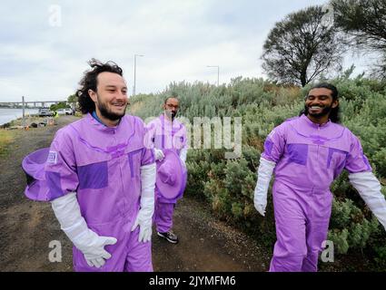 Members of the Purple Hive Project carry their new beehive in Port ...