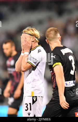 Lachlan Rose of Macarthur reacts after a missed opportunity during the ...