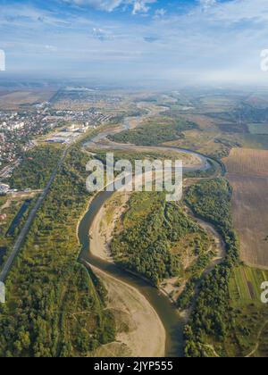 Ukraine, Stryi, Beautiful views on the river and city, bird's eye view ...