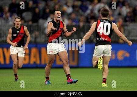 Alec Waterman of the Bombers celebrates kicking a goal during the Round ...