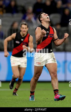 Alec Waterman of the Bombers celebrates kicking a goal during the Round ...