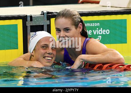 Maddy Gough (left) reacts with Kia Melverton after swimming the Women’s ...
