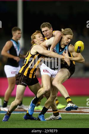 Miles Bergman of the Power is tackled during the AFL Round 16Êmatch ...