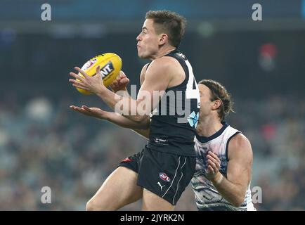 Matthew Owies of Carlton takes the mark during the AFL Round 3 match ...