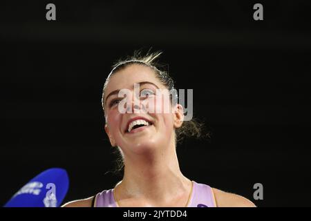 Lara Dunkley of the Firebirds reacts during the Round 14 Super Netball ...
