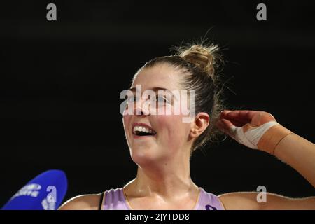 Lara Dunkley of the Firebirds reacts during the Round 14 Super Netball ...