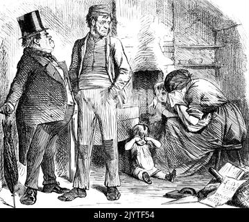 Illustration depicting a rent collector visiting an impoverished family ...
