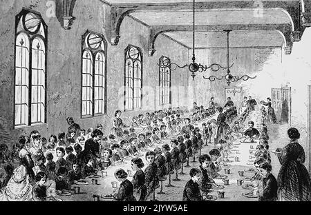 Illustration depicting the dinning hall of an orphanage in France ...