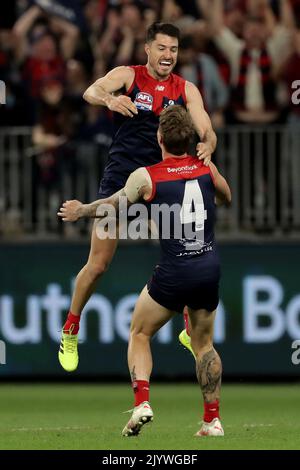 James Harmes of the Demons celebrates after kicking a goal during the ...