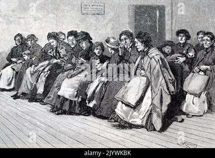 Illustration depicting destitute women awaiting shelter for the night ...