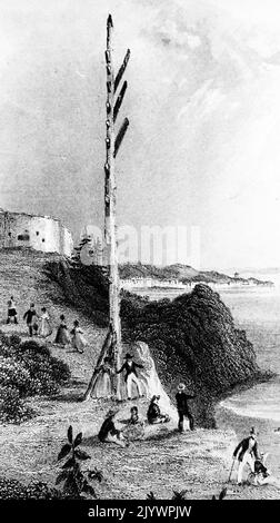 Illustration depicting a Semaphore station on Staten Island, New York Bay. Dated 19th Century ...