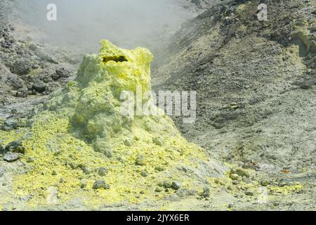 sulfur deposits around a solfatara in a fumarole field of volcano Stock ...