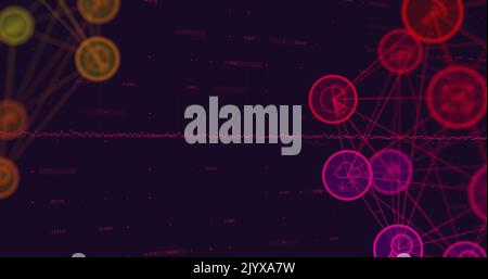 Image of digital computer icons interconnecting with lines and programming language data Stock ...