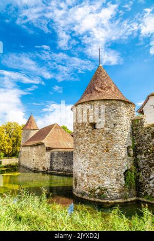 Medieval 13th-century Hallwyl Castle surrounded by a moat on the River ...