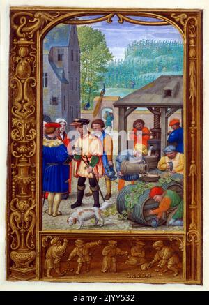 Flemish 16th century, illuminated calendar depicting falconry ...