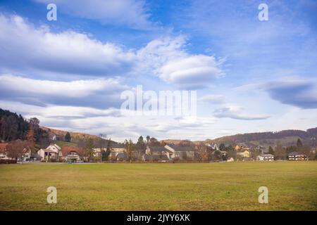 Autumn landscape with houses of the charming little town of Rein ...
