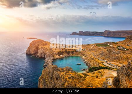 Saint Paul's Beach aerial panoramic view in Lindos town at Rhodes ...