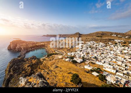 Saint Paul's Beach aerial panoramic view in Lindos town at Rhodes ...