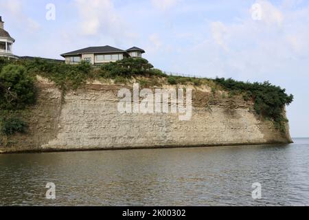Lake Erie erosion on steep cliffs at the inlet to Rocky River, Ohio ...