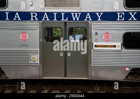 A Virginia Railway Express train is seen traveling away from Washington ...