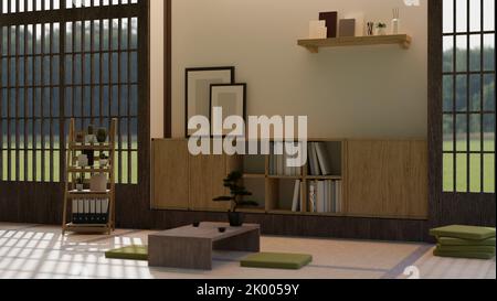 minimal cabinet on zen room interior wall mockup,3d rendering Stock ...