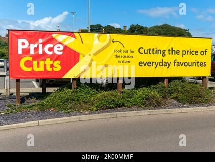 Price Cuts advertising banner sign, Morrisons supermarket, Cromer ...