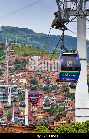 Colombia, Medellin,Cable transport with a gondola is one of the social ...