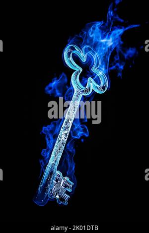 3D Rendering of a Cyber Key Burns up in a Blue Fire Flame Stock Photo ...