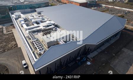 Aerial Rooftop views of Cardiff's Vindico Arena and Cardiff ...