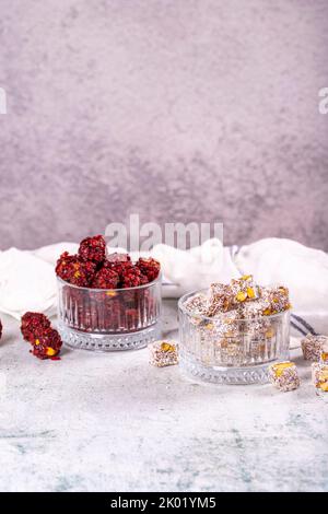 Sour and sweet Turkish delight varieties. Turkish delight varieties on ...